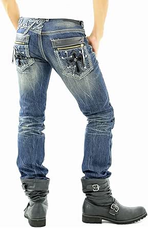 Amazon | ( ジーンズ 専門店 クラシカルエルフ ) Classical Elf CLOUD72 クロス クロコダイルレザー 風 ジッパーポケット デザイン メンズ デニムパンツ ...