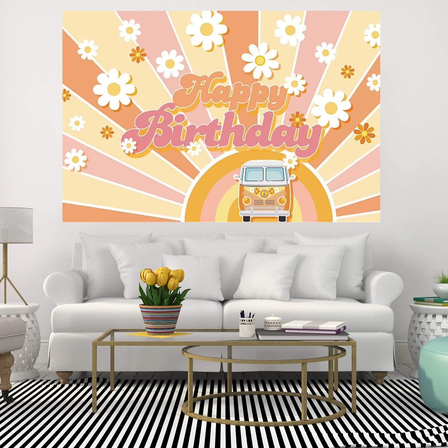 Hippie Retro Groovy Boho Daisy Bus Cumpleaños Banner Daisy Flower Boho ...