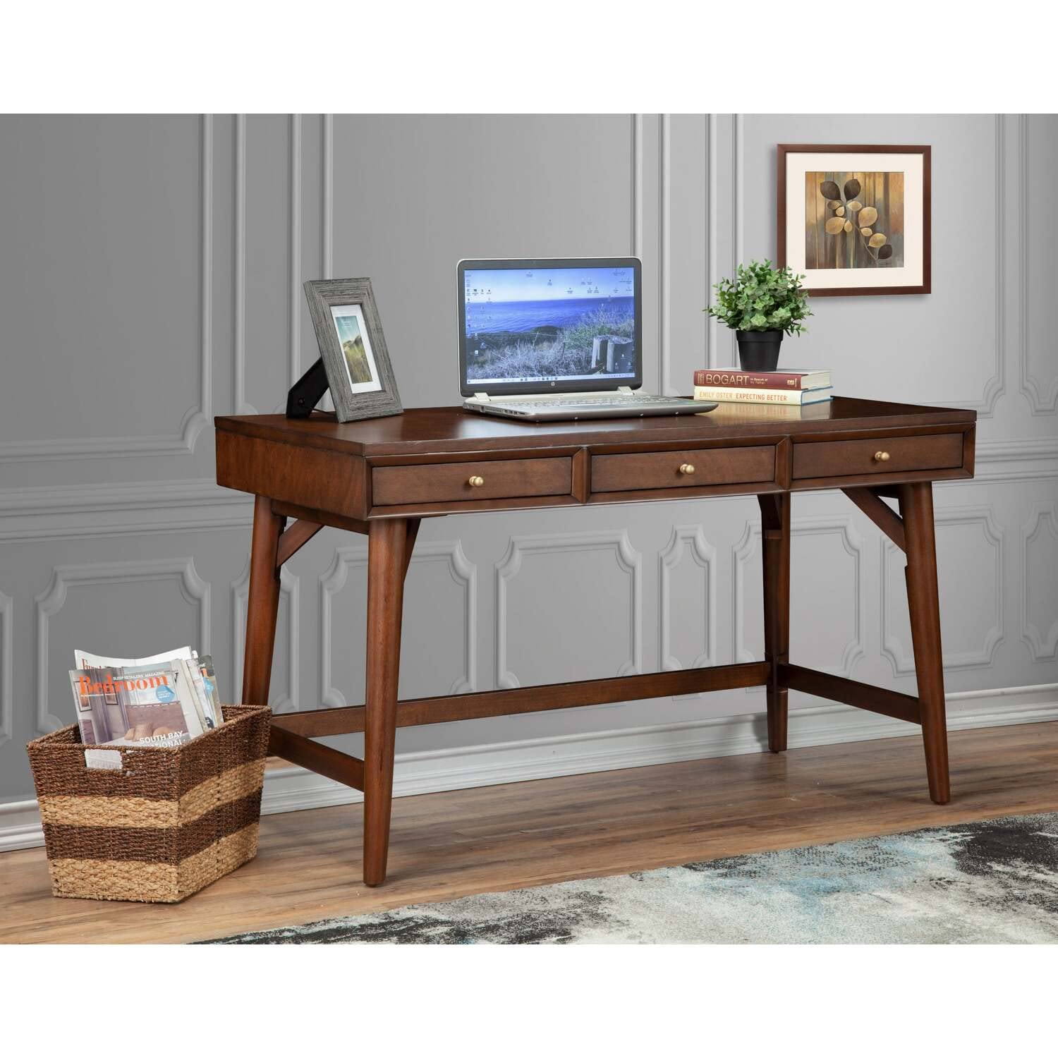 Alpine Furniture Flynn Large Wood 3 Drawer Desk in Walnut