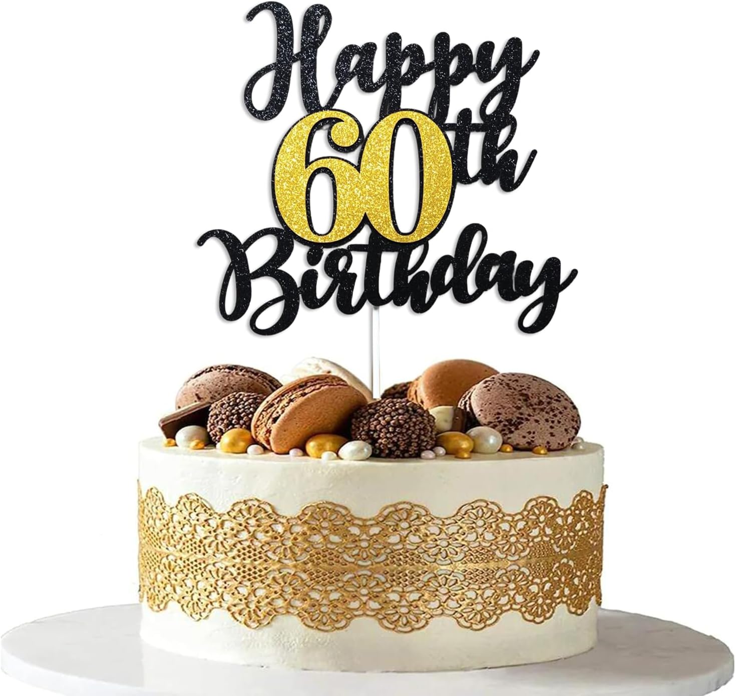 Happy 60th Birthday Cake Topper - Black Gold Glitter Kosovo | Ubuy