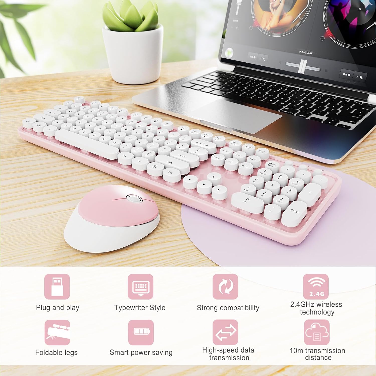 Wireless Keyboard and Mouse Combo, Ergonomic Full Size Typewriter Retro ...