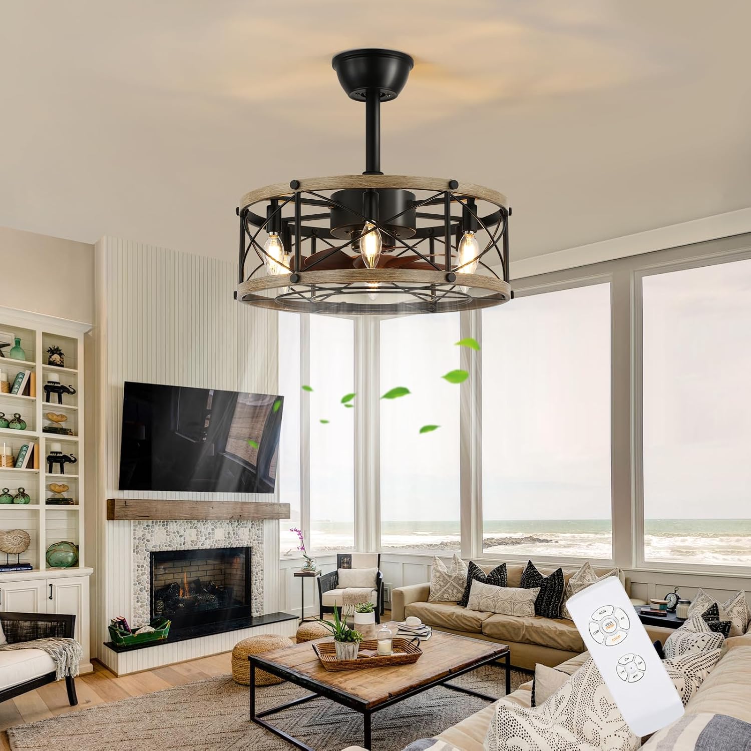 Caged Ceiling Fan with Lights and Remote,19'' Farmhouse Ceiling Fan ...