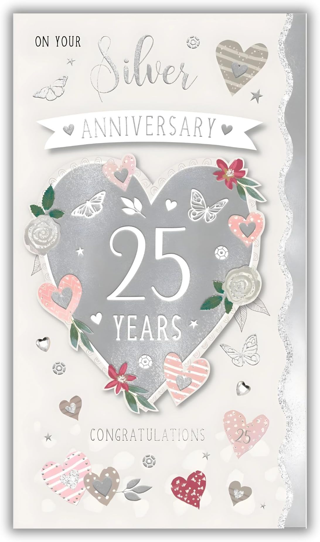 Silver Anniversary Card - 25th - 25 Years - Champagne and Love Heart ...