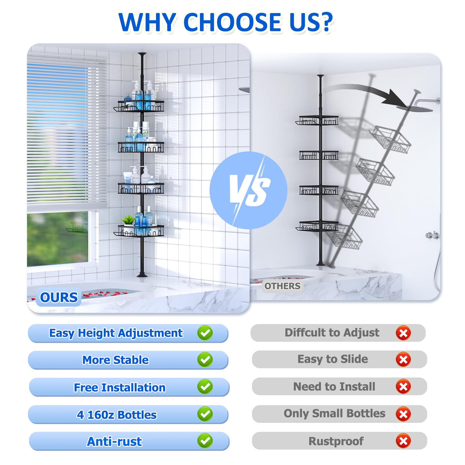 Snapklik.com : Corner Shower Caddy Tension Pole,Rustproof Shower Caddy ...