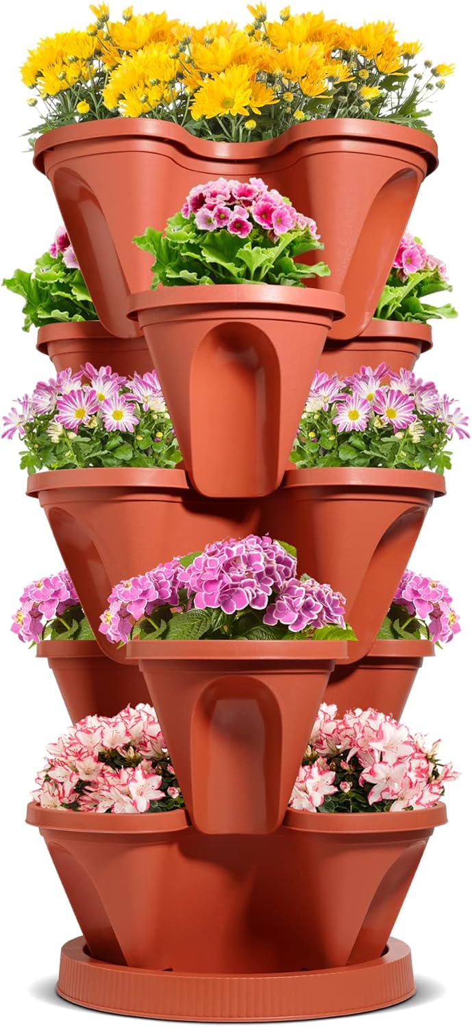 T4U Large Vertical Garden Tower Planter 5 Tier - Plastic Stackable ...