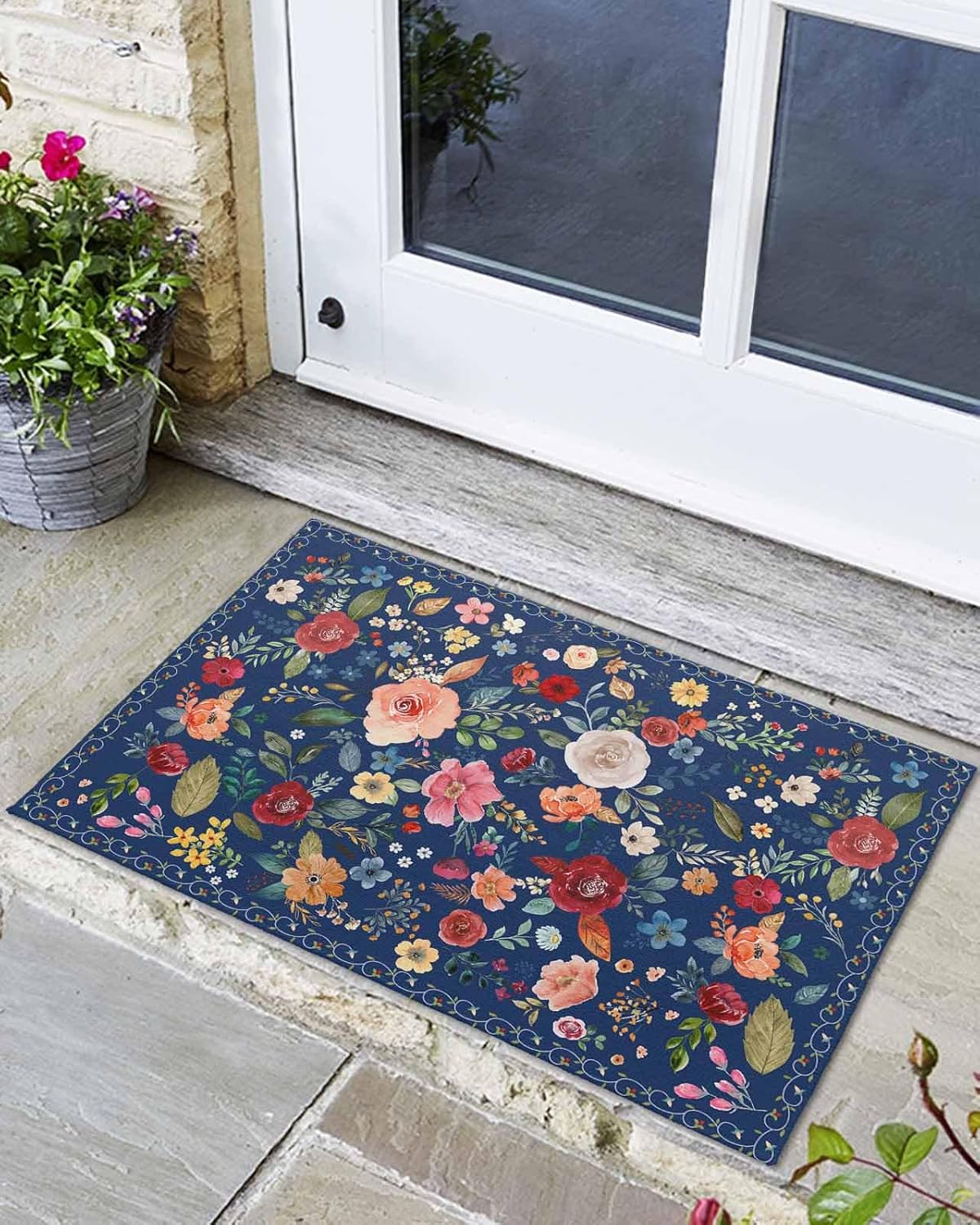 Amazon.com: Floral Navy Blue Door Mat Non Slip Front Door Mat Indoor ...