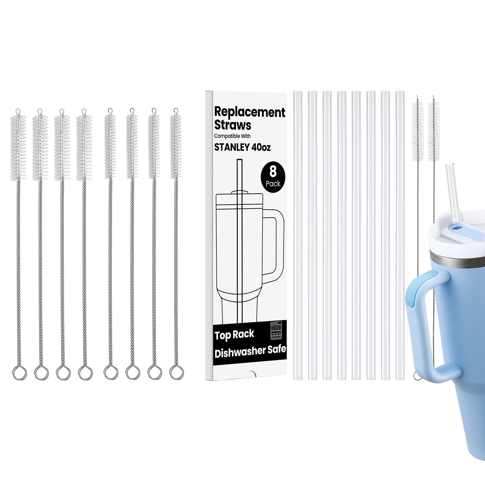 Amazon.com: 8 Pack Clear Reusable Plastic Straws w/ 2 Straw Brushes + 8 ...