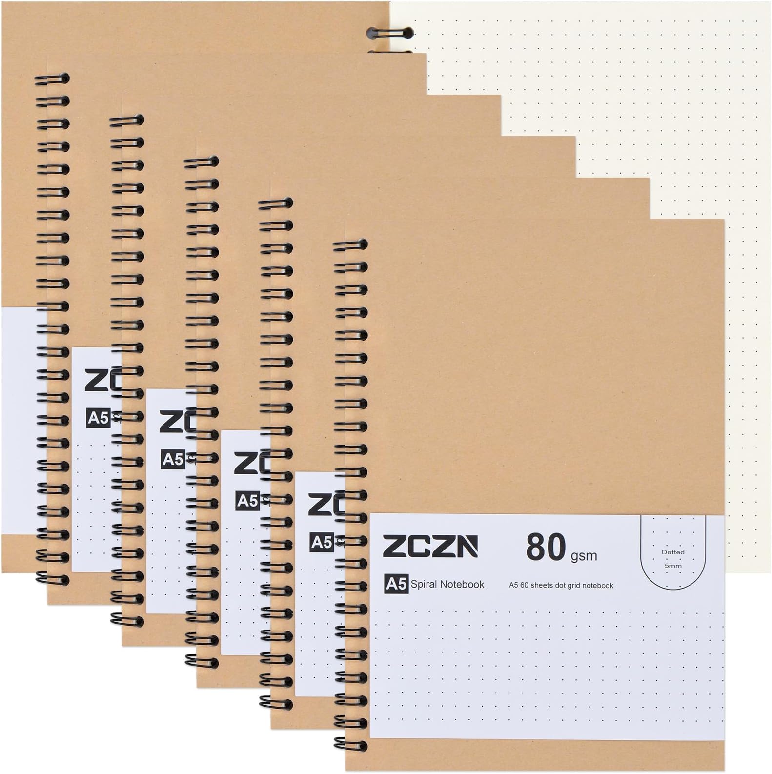 ZCZN A5 Dotted Notebook, 6 Pack Spiral Notebook, 80gsm Dot Grid Paper ...