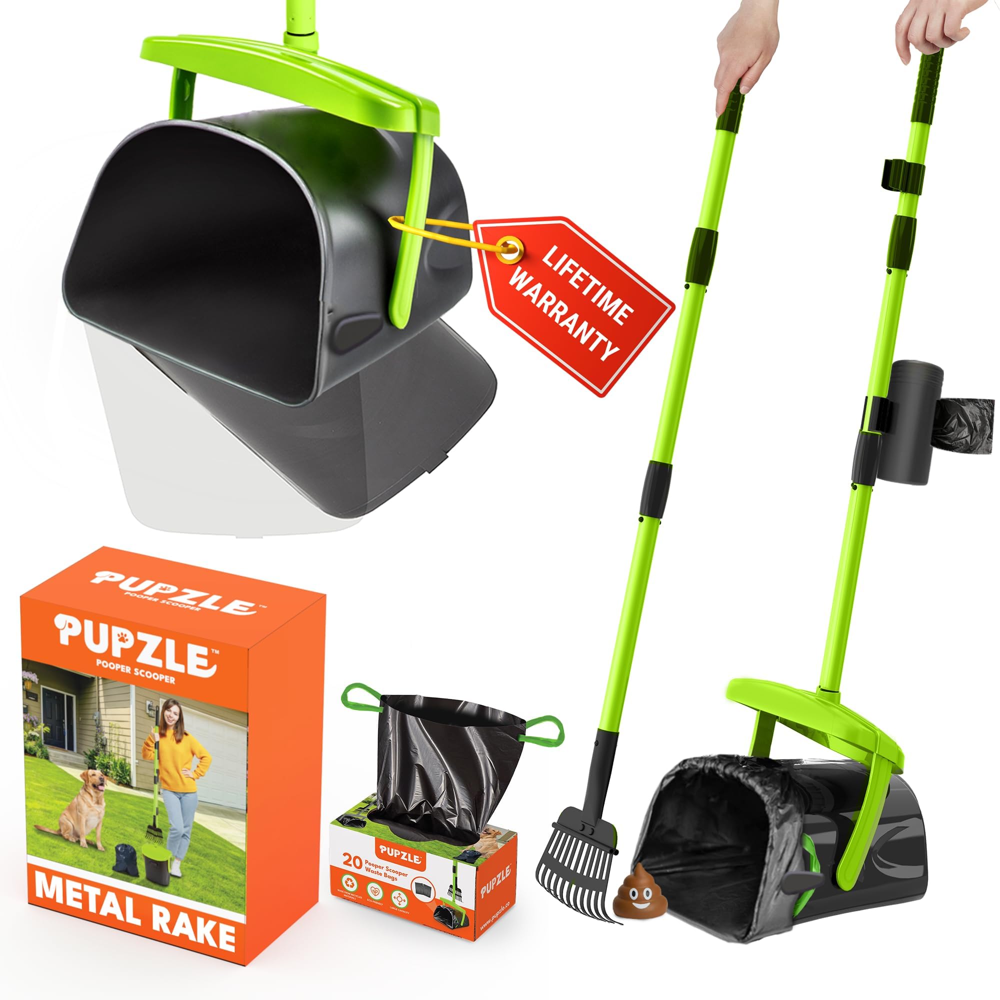 Pupzle Dog Pooper Scooper with Bag Attachment, 40" Long Handle Pooper ...