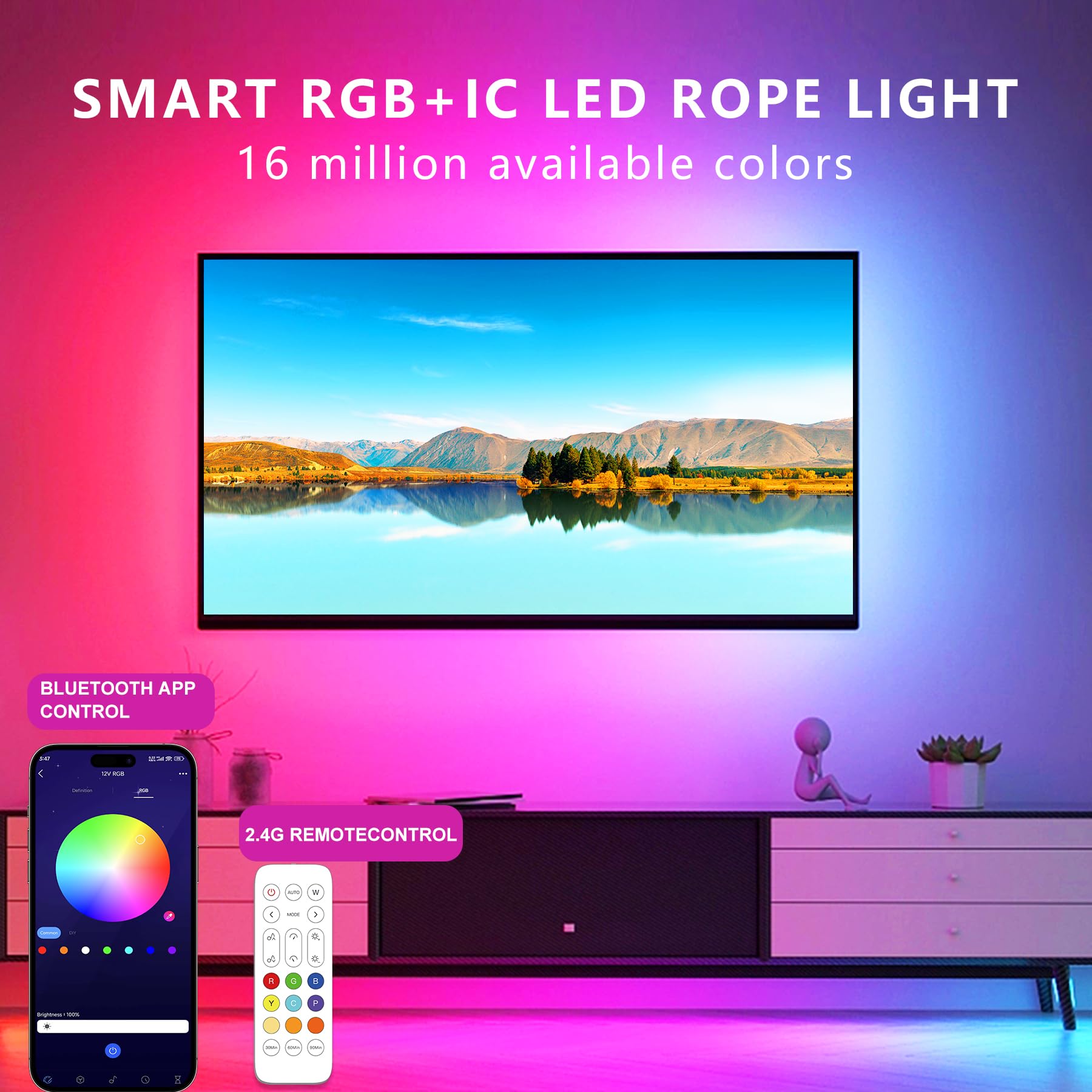 TTWAY 24V COB RGB LED Strip, COB RGB Smart IC LED Strip 3M Addressable ...
