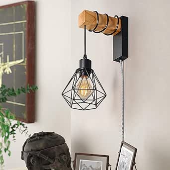 JUNOLUX Industrial Cage Wood Wall Lamp with Plug in Cord, Contemporary ...