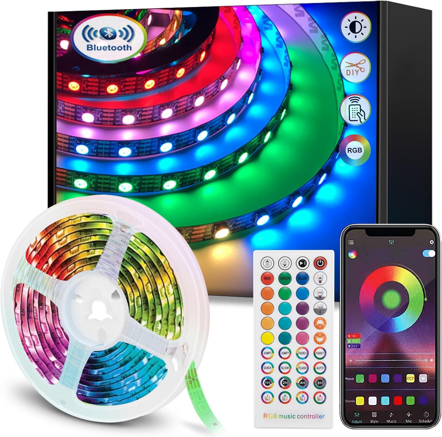 vvuvnem LED Strip Light 15m, Led Lights Music Sync Colour Changing ...