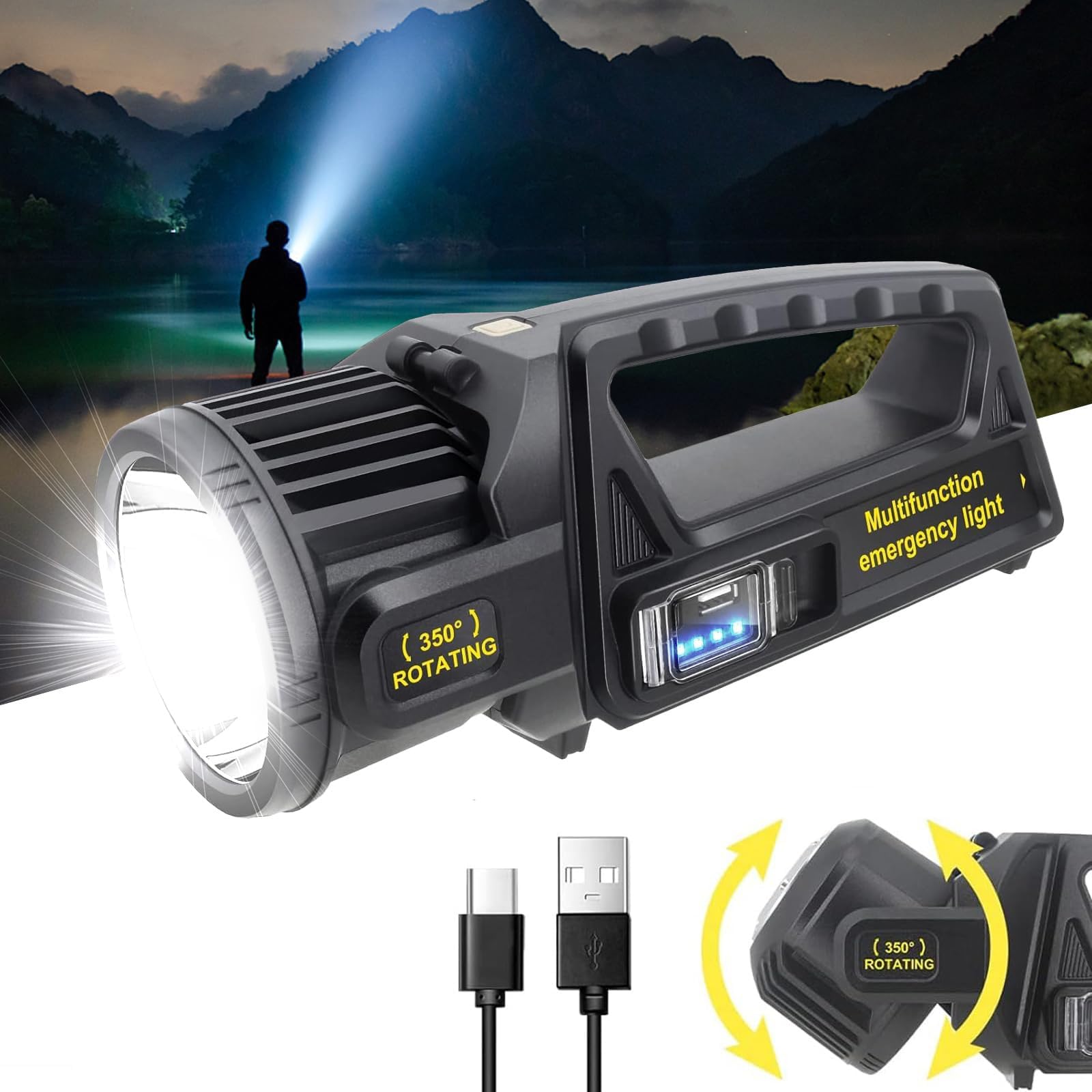 1300000 Lumens Spotlight, Rechargeable Led Spotlight Flashlight with ...