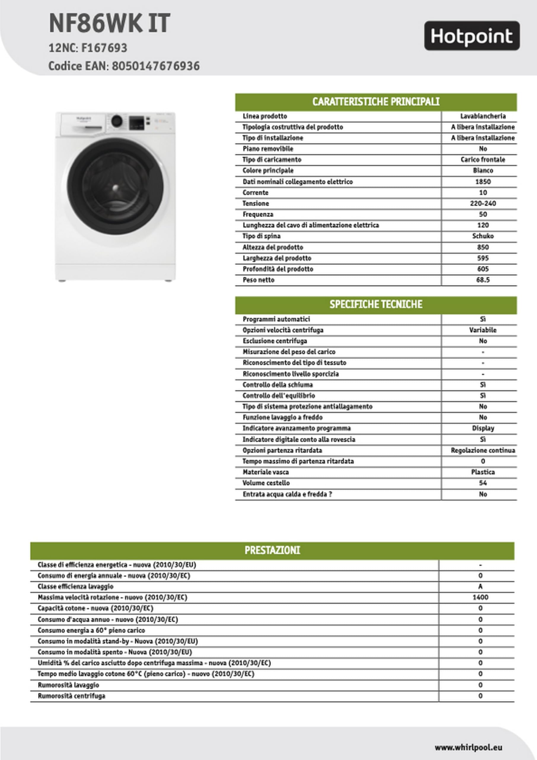 Hotpoint Ariston NBT 948 WM A IT Lavatrice a Libera Installazione a ...