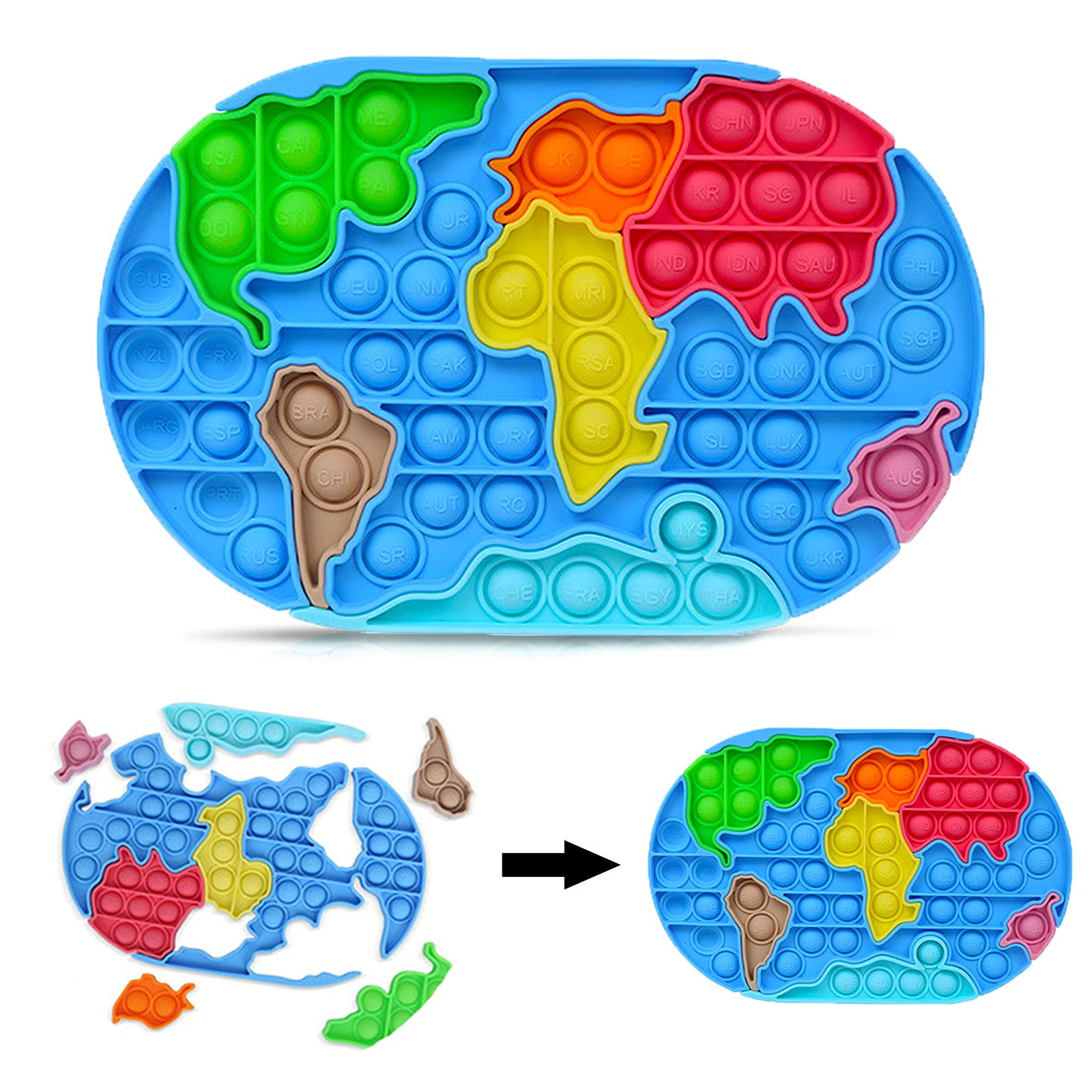 Cykapu Giant Bubble Fidget Popper Toy Silicone World Map Puzzle ...