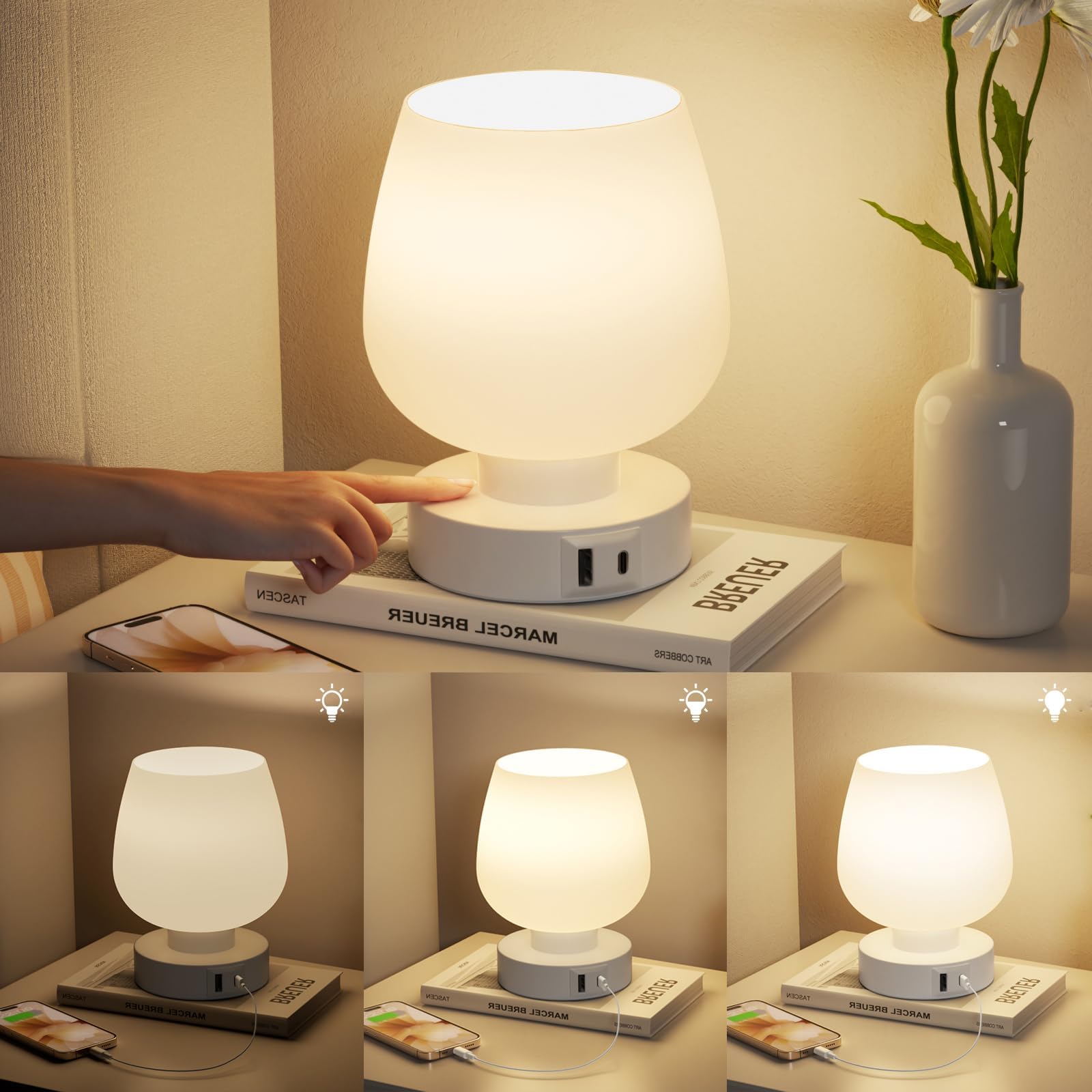 LED Cordless Table Lamp - Stepless Dimmable Desk Lamp with USB Port ...