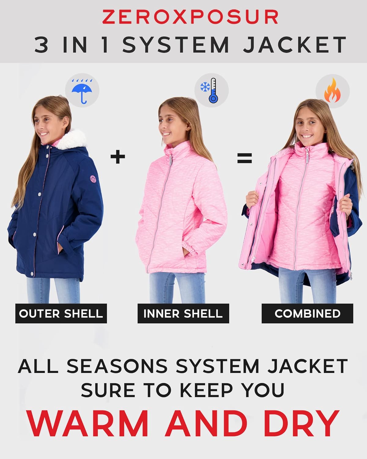 Buy ZeroXposur Big Girls 3-in-1 System Jacket with Detachable Inner ...