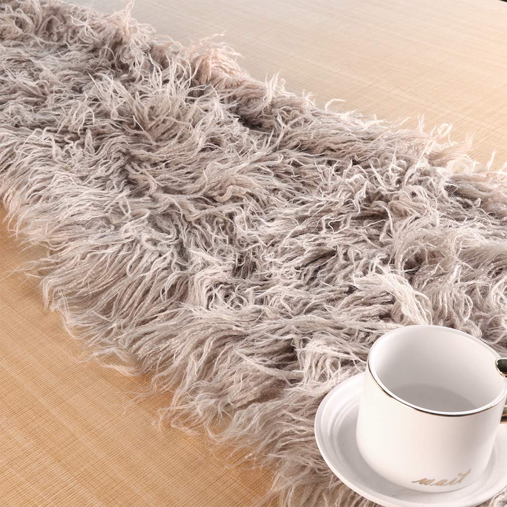 LEEVAN Faux Fur Table Runner Decorative Mongolian Fur Table Flag Modern ...