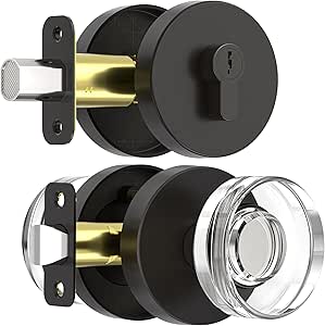 naubea Crystal Glass Door Knob with Deadbolt Lock, Matte Black Front ...
