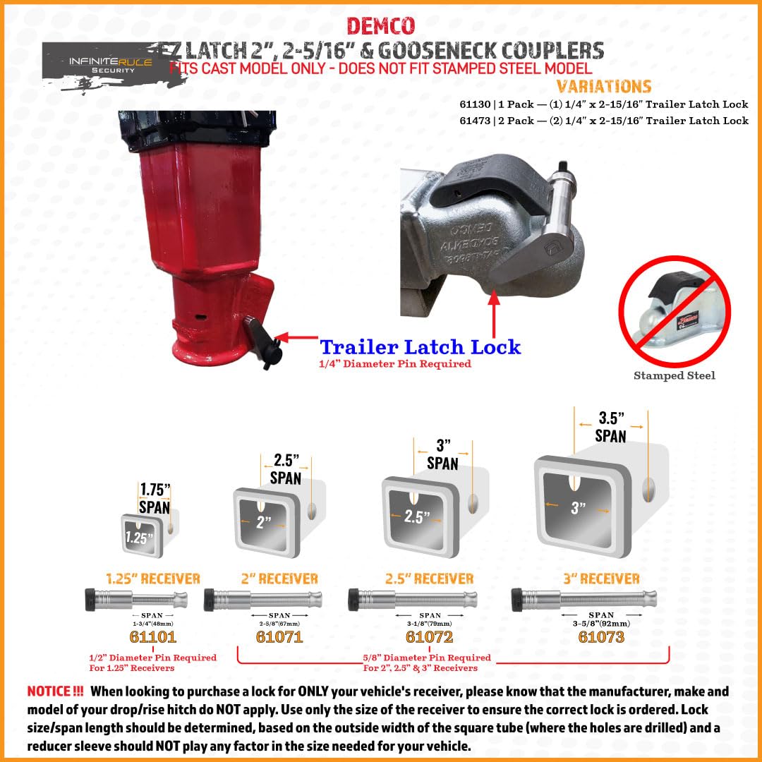 61130 | Trailer Latch Lock for DEMCO EZ Latch 2.0" & 2-5/16" Ball & Gooseneck Couplers - Fits ...