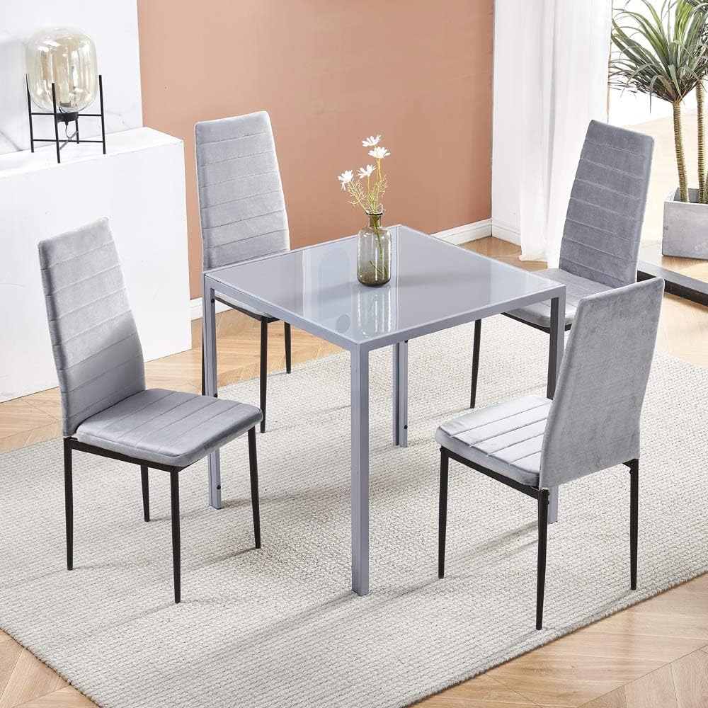 Modern Grey Glass Dining Table and Chairs Set of 4 for Small Kitchen, 5 ...