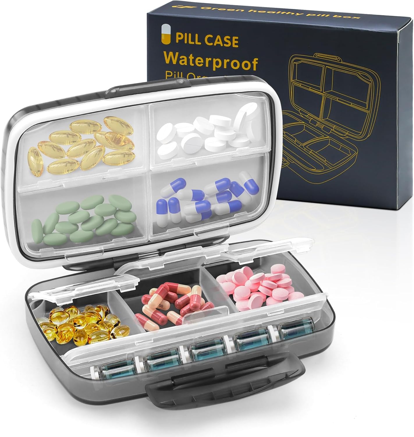 Travel Pill Organizer Medicine Dispenser, 8 Compartment Airtight ...