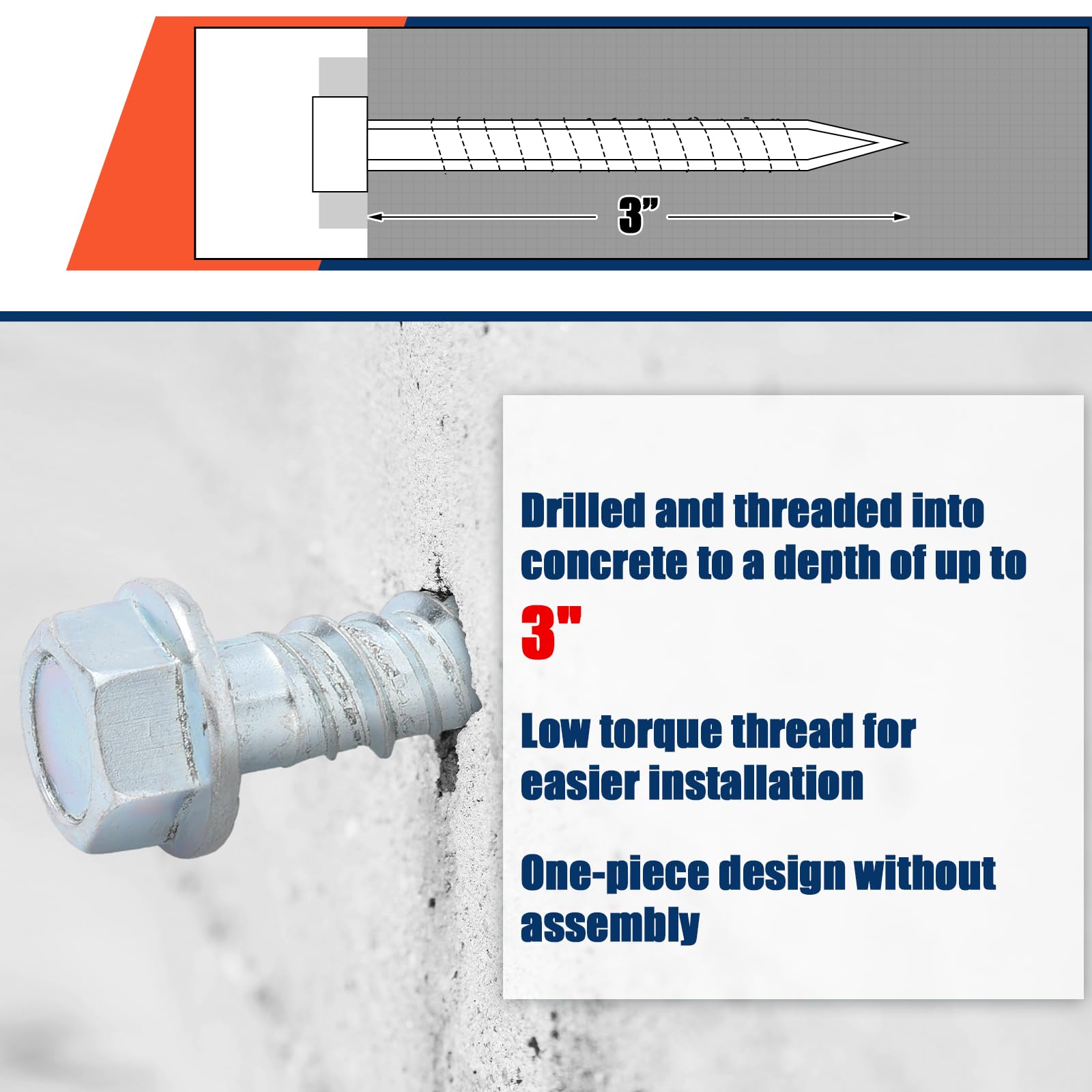 Snapklik.com : 40 Pack 1/2" X 3" Concrete Screw Anchor Galvanized Large ...