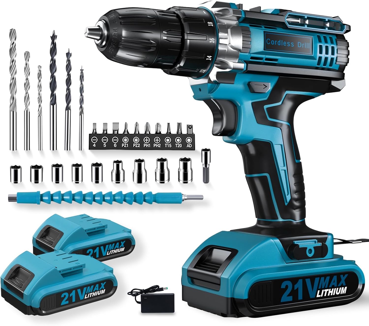 Cordless Drill, 21V Electric Drill Set, 2 Batteries 2000mAh Electric ...