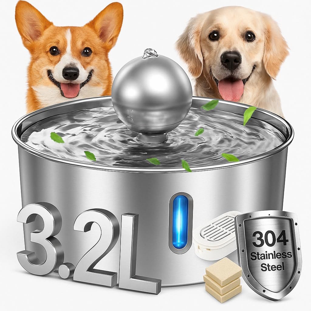 7L Stainless Steel Dog Water Fountain, Large Pet Water Dispenser with ...