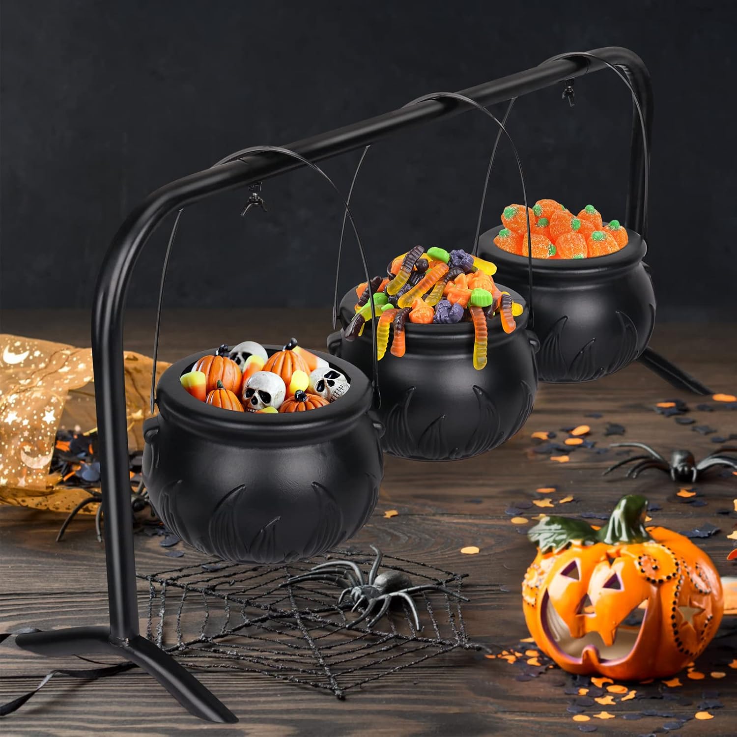 Amazon.com | Eaezerav Set of 3 Witches Cauldron Serving Bowls on Rack ...