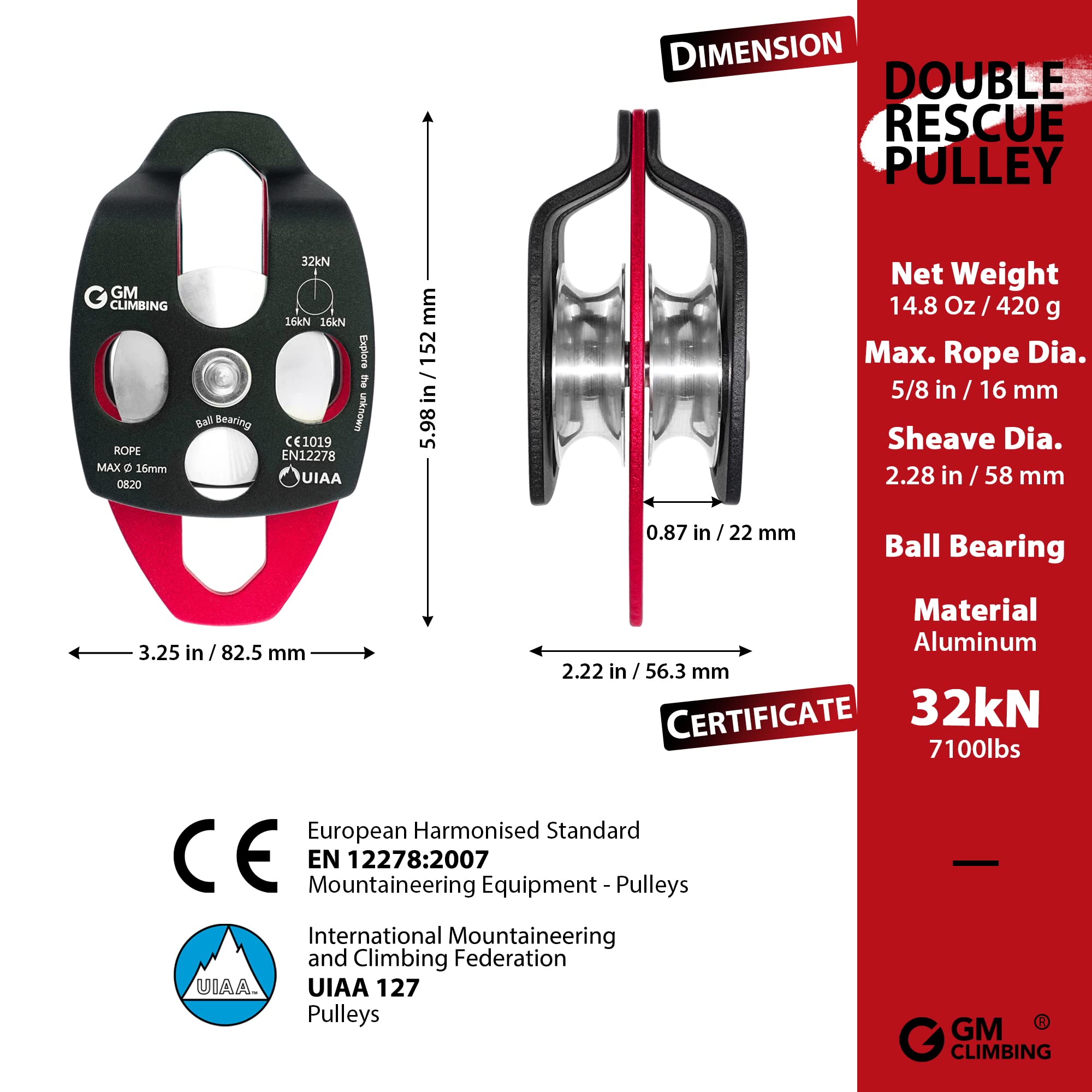 Snapklik.com : GM CLIMBING Black Large Rescue Pulley 32kN Double Sheave