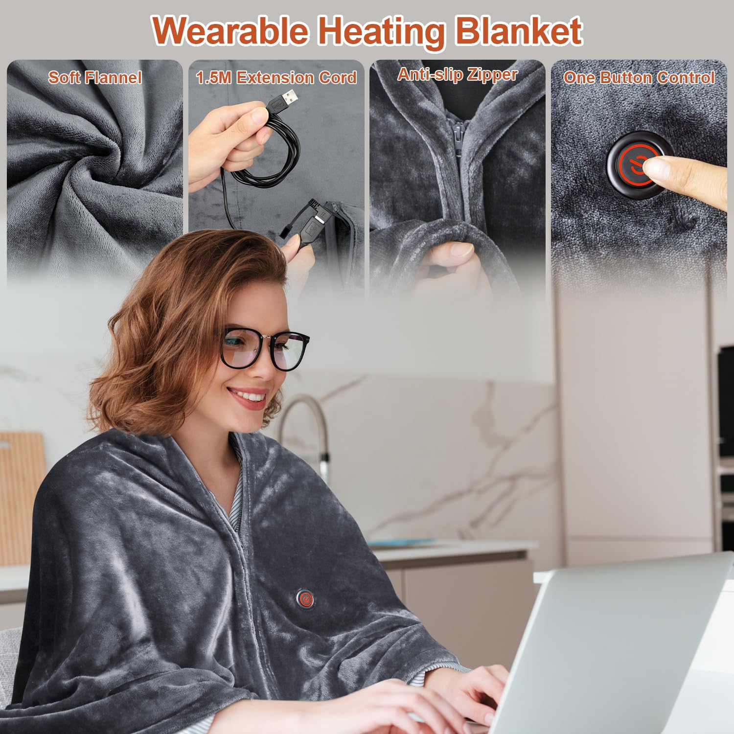 Wearable USB Heated Blanket Shawl, 59â€? x 33â€? Portable Heating ...