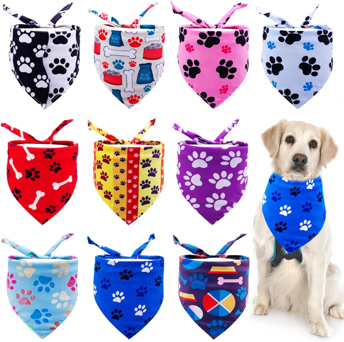 JpGdn 10pcs Pack Large Dog Bandanas Paw Pattern Triangle Scarf for Large XL Dogs Pigs Soft Bibs ...