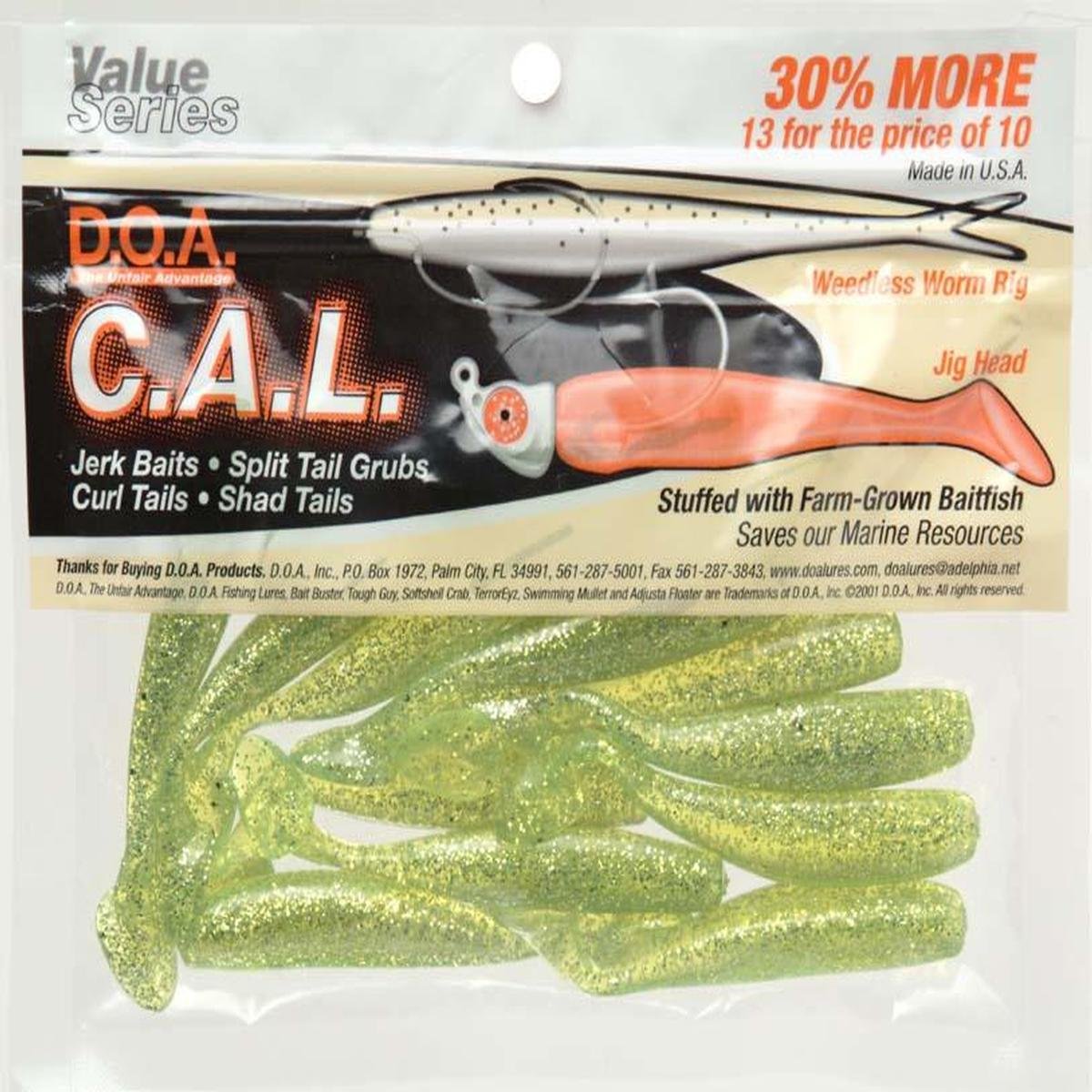 DOA Cal 3 1/2" Shad Tail 13per pk Chartreuse Silver Glitter #CAL-S13 ...