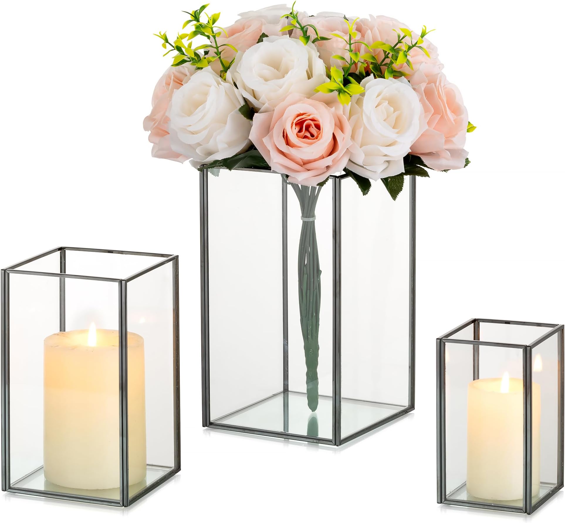 yshengood Large Glass Hurricane Candle Holder Set of 3 PCS, Black Frame ...