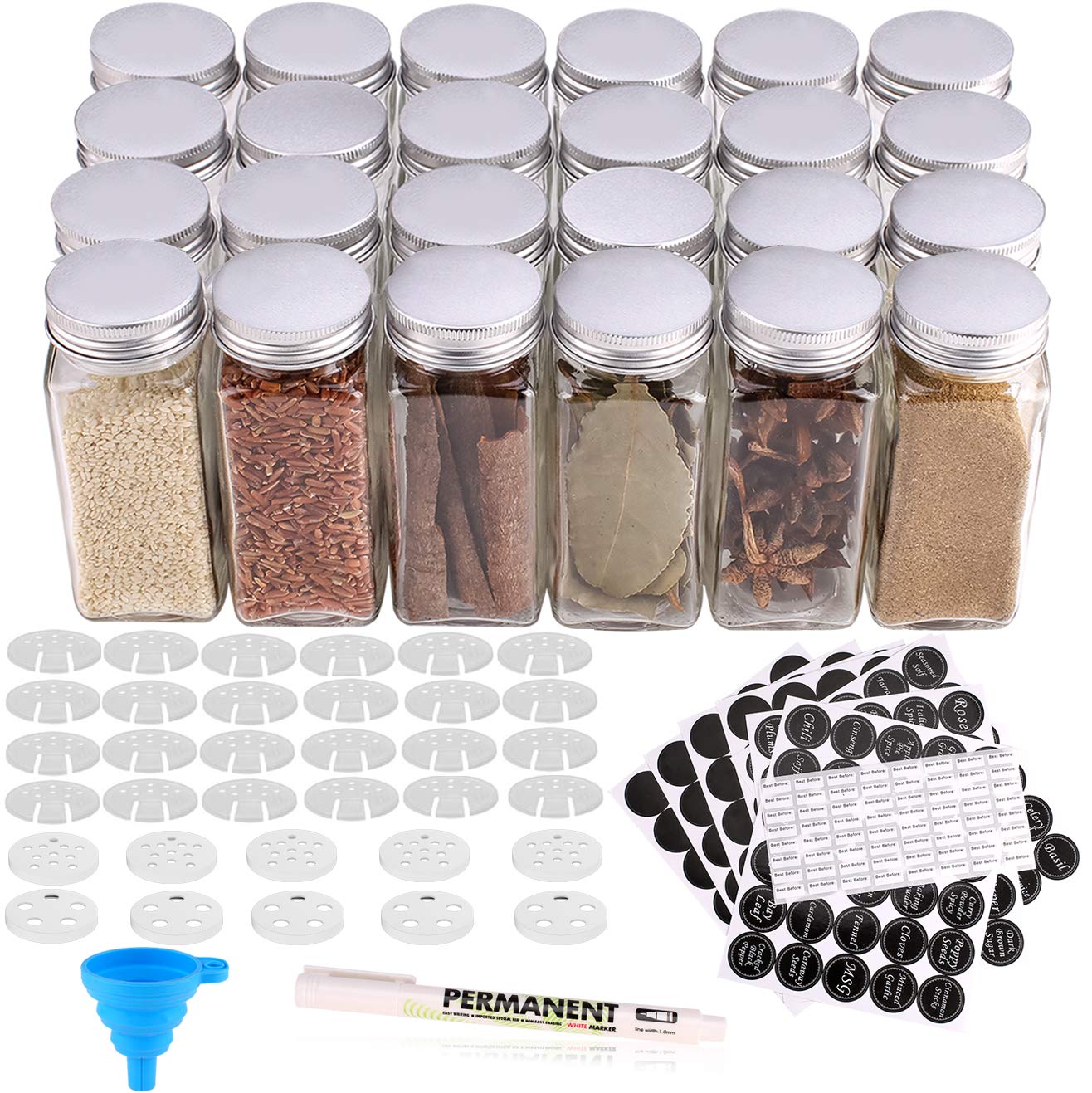 Buy MONICA 24 Glass Spice Jars with w/3 Types of Labels-4oz Empty Square Spice Containers,Three ...