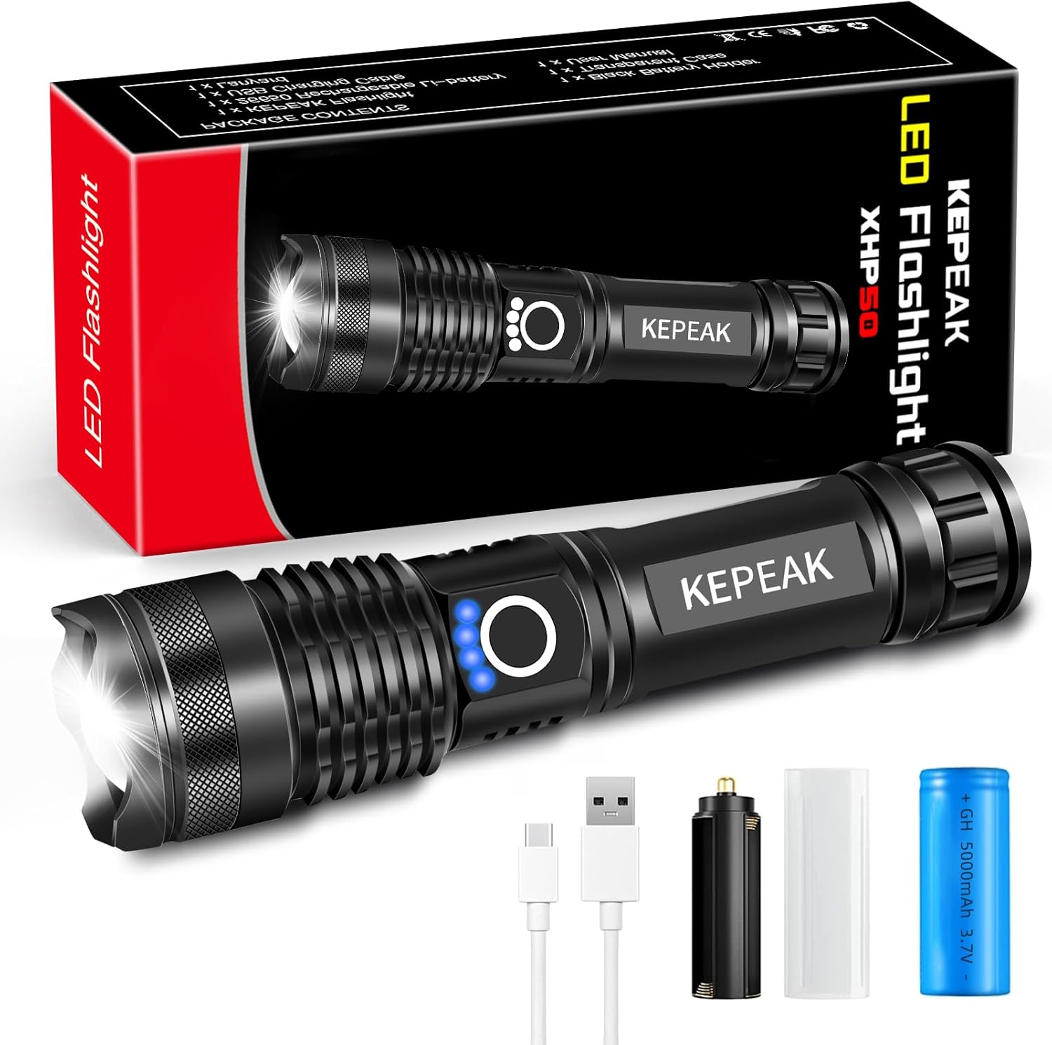 KEPEAK 5000 lumen, extreem heldere led-zaklamp, USB-oplaadbaar, kleine ...