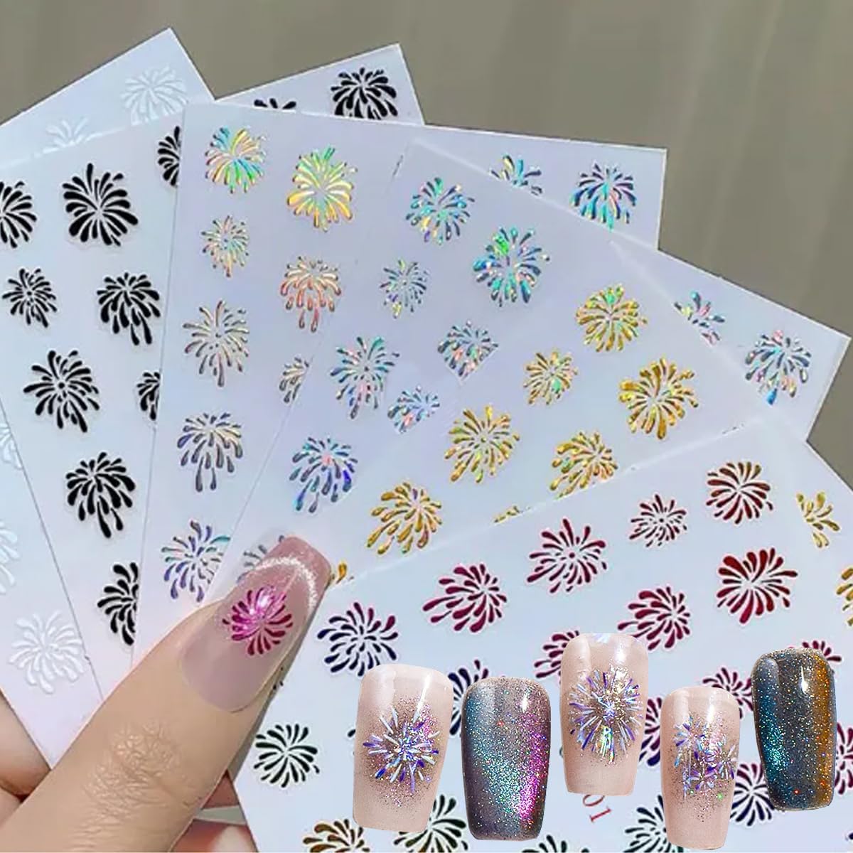 Amazon.com: 6 Sheets Fireworks Nail Art Sticker Glitter 3D Nail Decals ...
