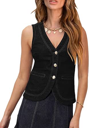 PRETTODAY Women's V Neck Denim Vest Button Down Sleeveless Casual Jean Waistcoast Top at Amazon ...