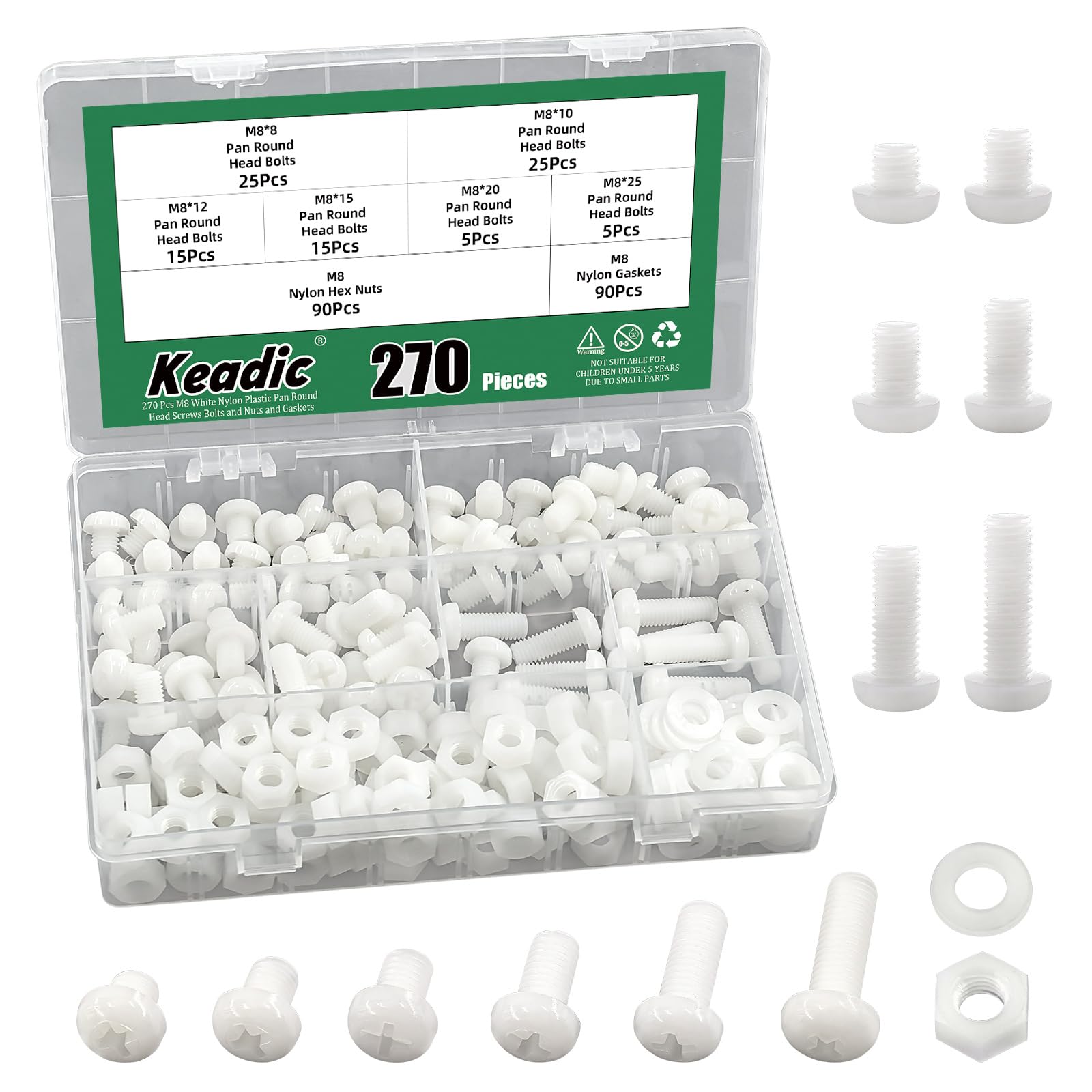 Snapklik.com : 270Pcs M8 White Nylon Plastic Pan Round Head Screws ...