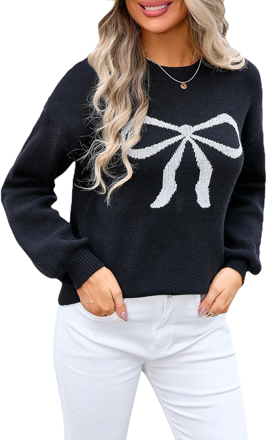 Seyurigaoka Women's Y2K Bow Sweater Crew Neck Long Sleeve Knitted ...