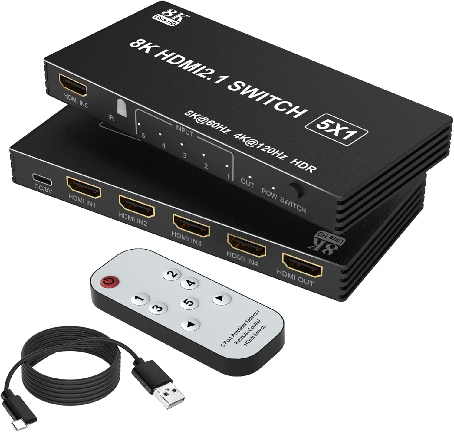HDMI Switch 5 in 1 Out 8K@60Hz, 5×1 HDMI 2.1 Switcher Selector Box with ...