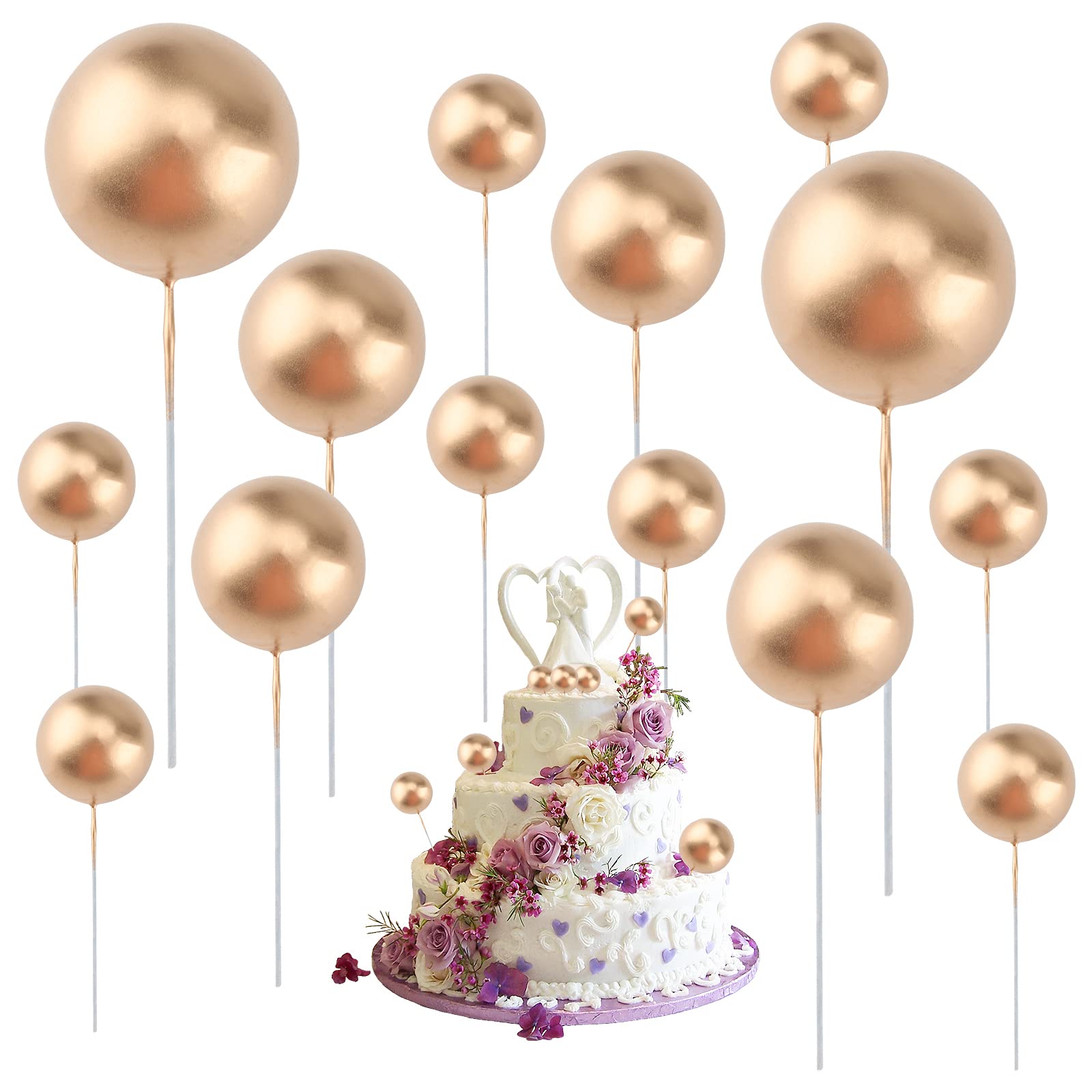 HAKZEON 80 PCS 4 Sizes Round Balls Cake Toppers, Gold Ball Cake ...