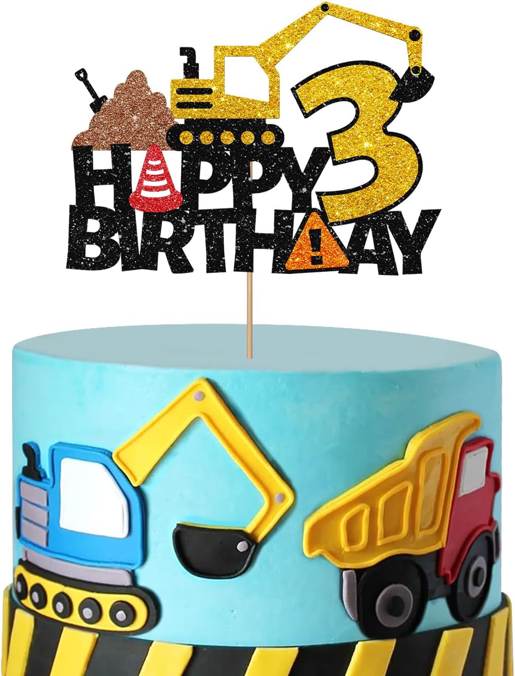 Amazon.com: Construction 3rd Birthday Cake Topper, Gold Glitter ...