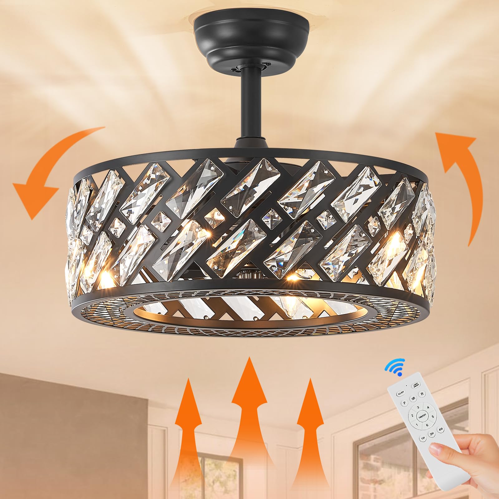 CATINER Black Caged Crystal Ceiling Fan with Light 18" Modern Bladeless ...