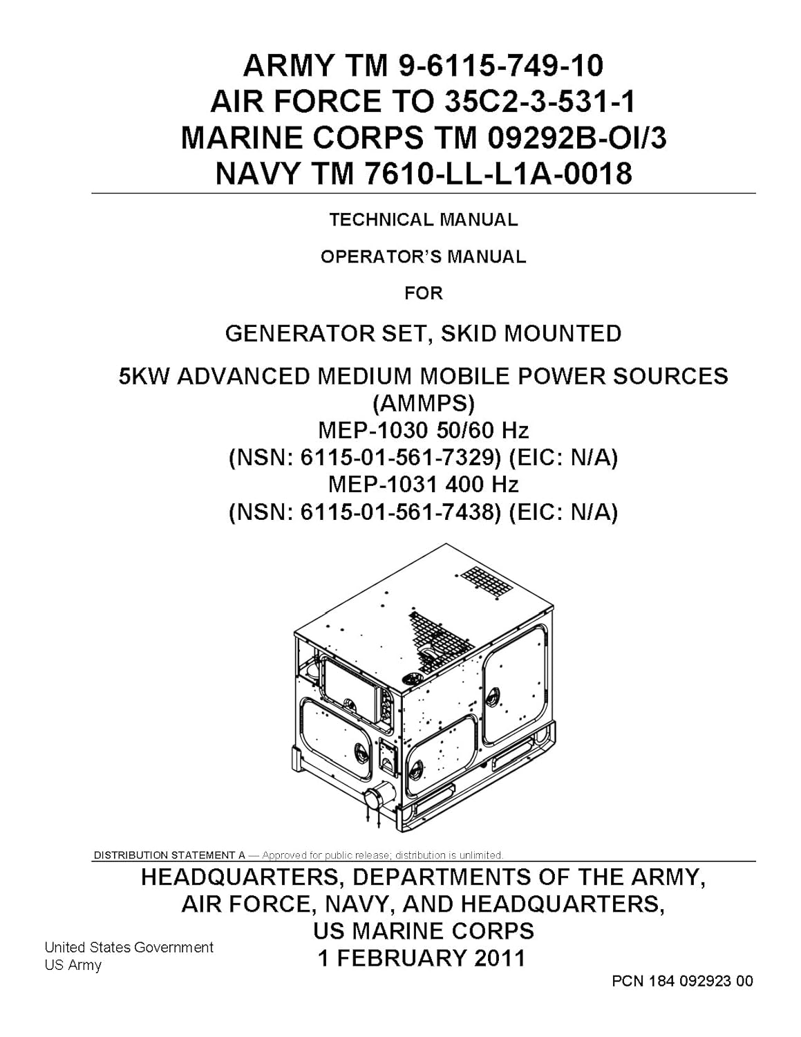 Army TM 9-6115-749-10 Technical Manual Operator’s Manual for Generator ...