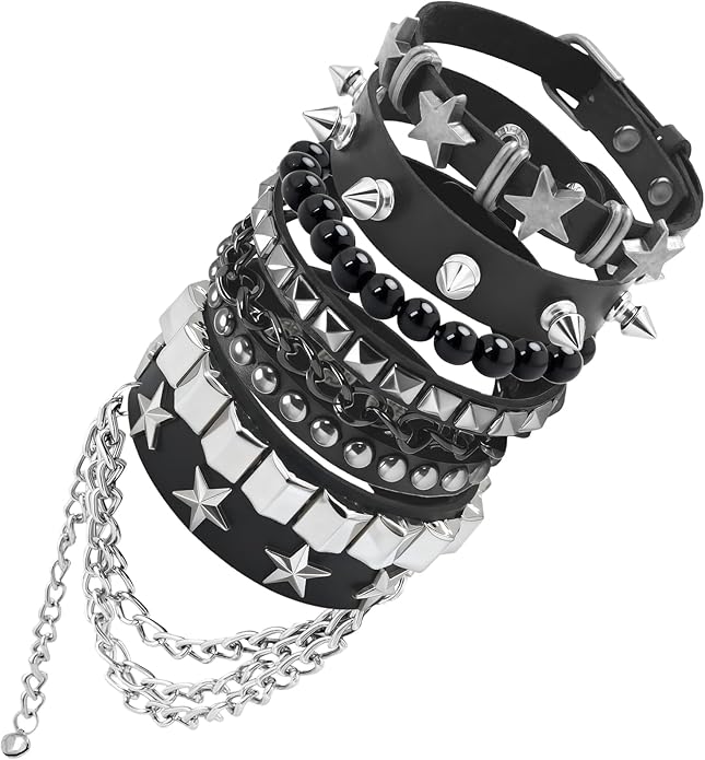 Amazon.com: ZLFSRQ 5Pcs Emo Bracelets Punk Rock Studded Bracelet for Women Men Goth Leather ...