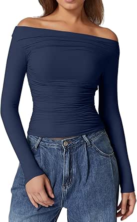 QINSEN Womens Off Shoulder Long Sleeve Tops Ruched Going Out Crop Slim ...
