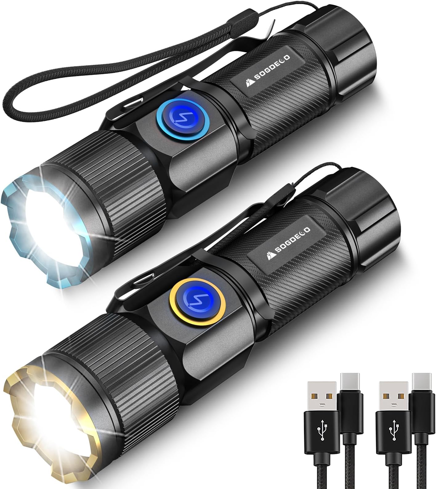Sogdeco LED Torch Rechargeable, 2 Pack Super Bright Adjustable Focus ...