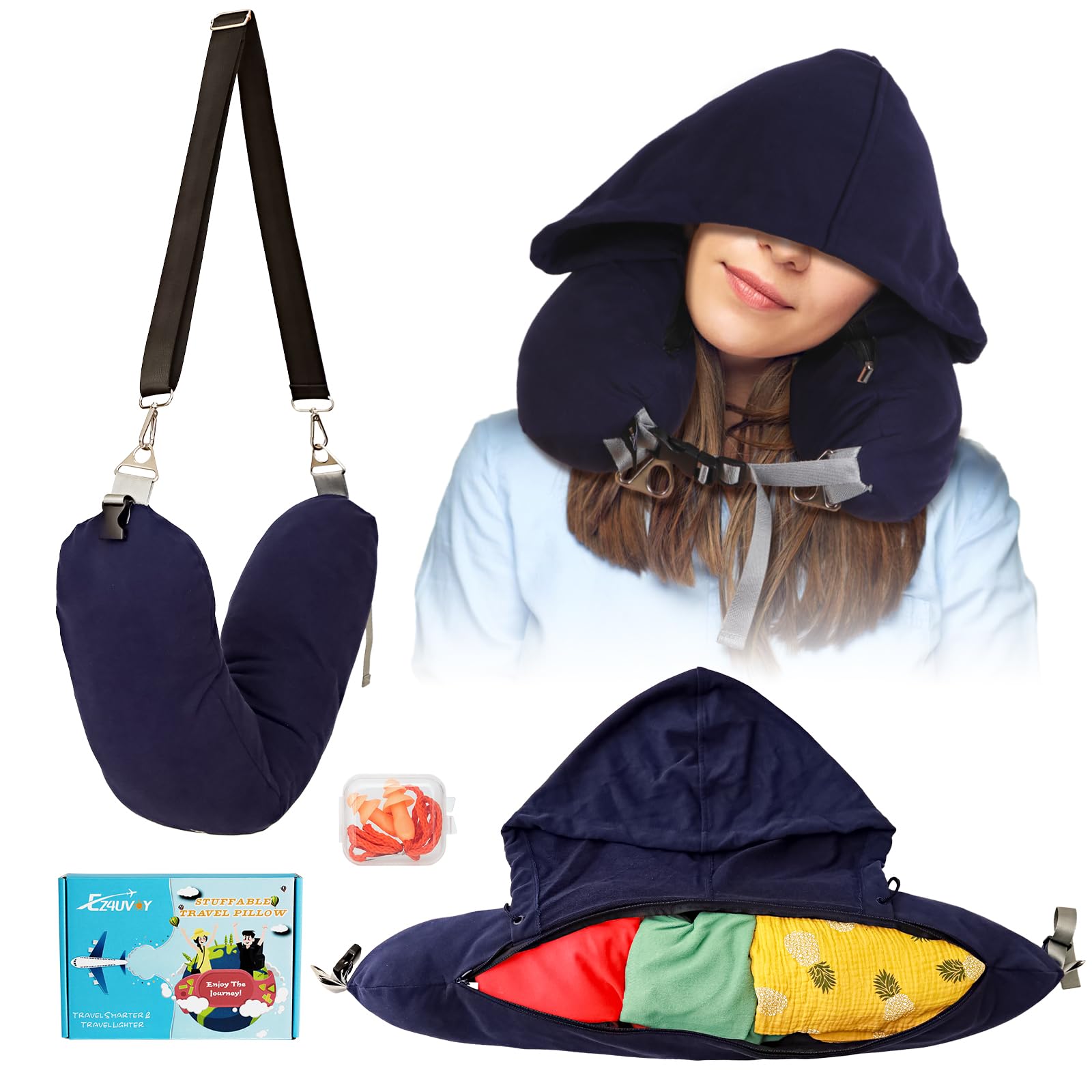 Amazon.com: Stuffable Neck Pillow for Travel with Hood, Hoodie Travel ...